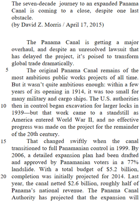Questão (fortune.com/2015/04/17/panama-canal/)In lines 9 - 11: “The US ...